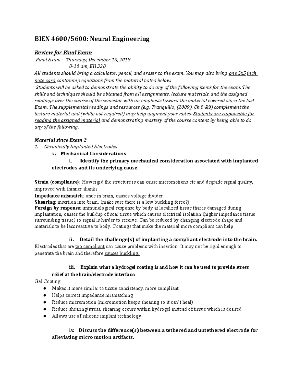 Final Study Guide Neural Engineering - BIEN 4600/5600: Neural Engineering Review for Final Exam ...
