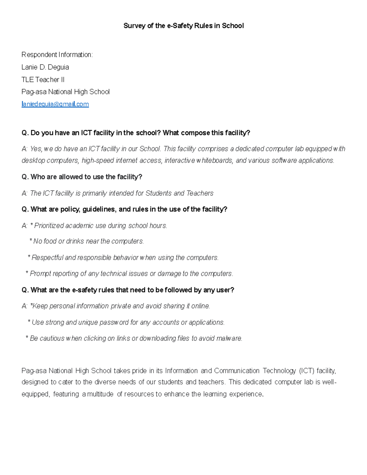 Survey Of The E Safety Rules In School Survey Of The E Safety Rules