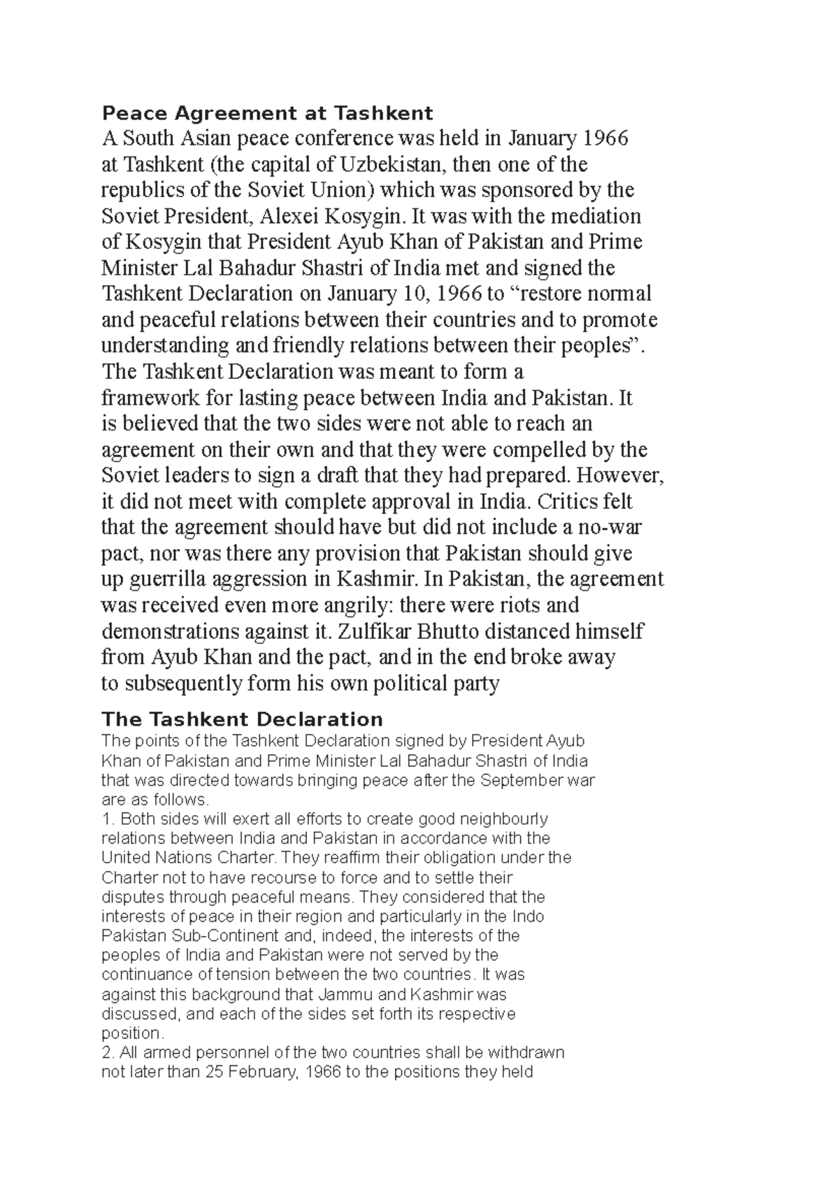 Tashkent Agreement and Indira Gandhi years - Peace Agreement at ...