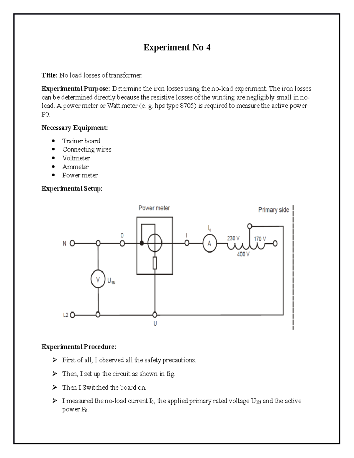 Experiment No 4 - ELECTRICAL MACHINE 2 - Experiment No 4 Title: No load ...