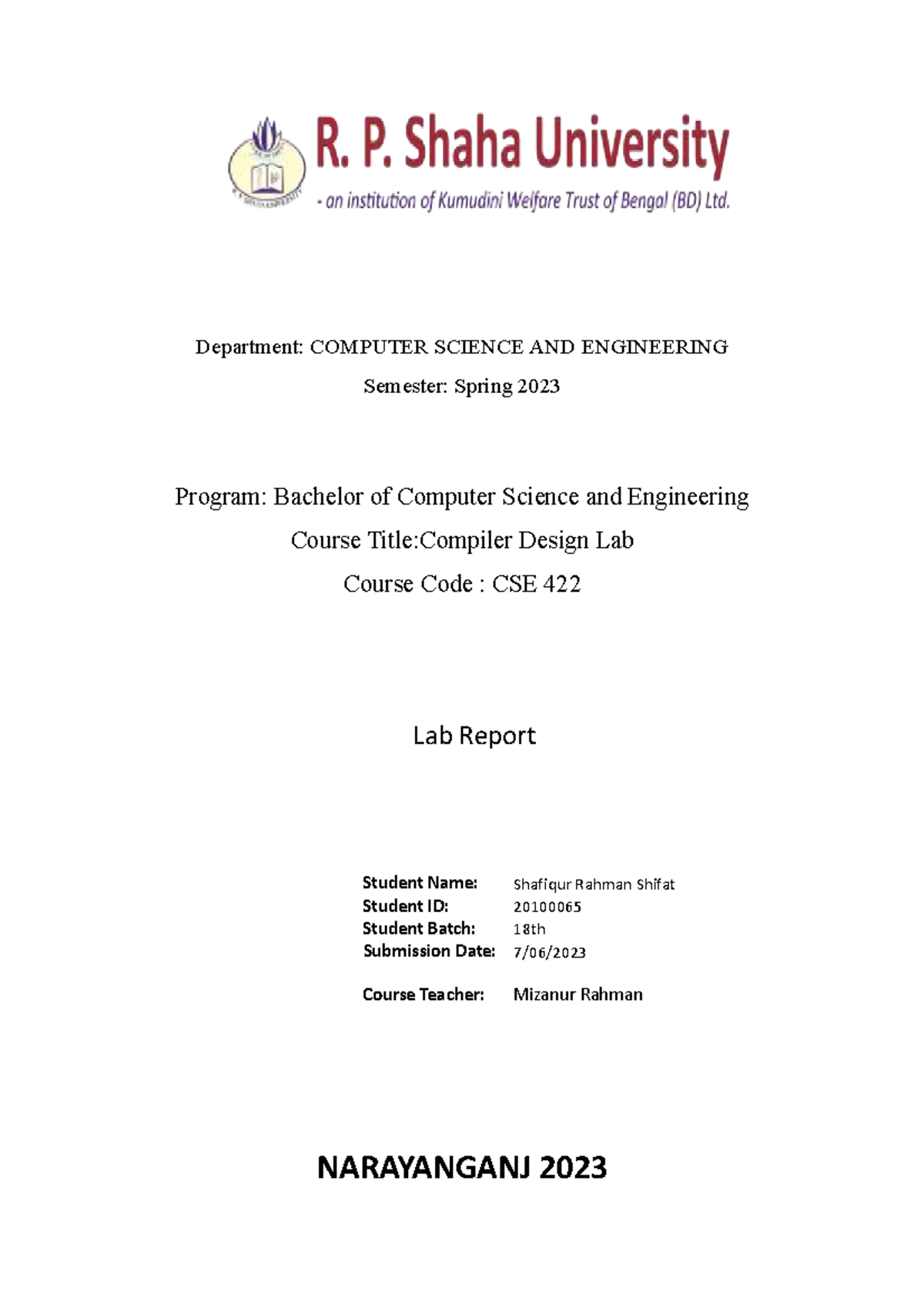 Cd lab work - Department: COMPUTER SCIENCE AND ENGINEERING Semester: Spring 2023 Program ...