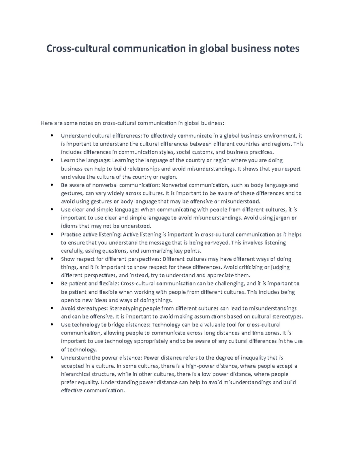 Cross-cultural communication in global business notes - This includes ...