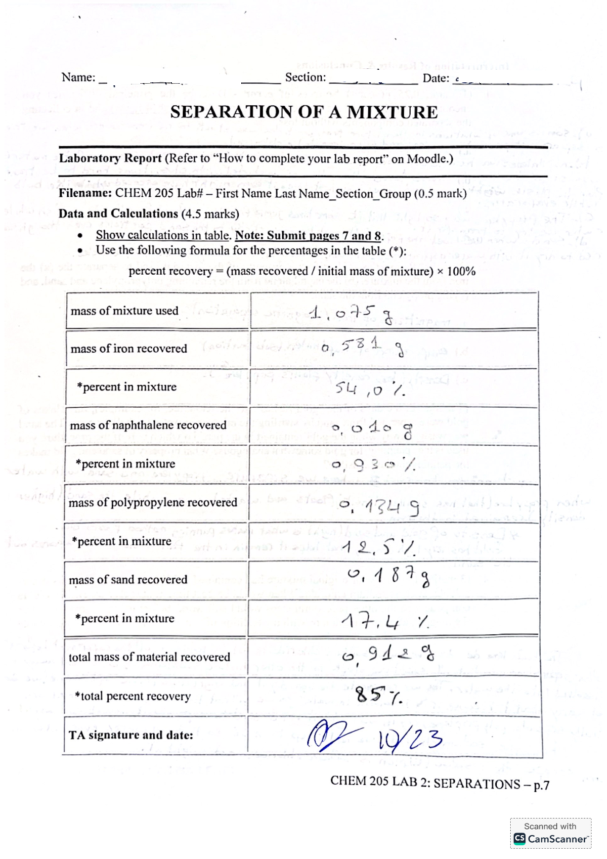 Chem205 lab report 2 mixtures - Name: Section: Date: SEPARATION OF A MIXTURE Laboratory Report ...