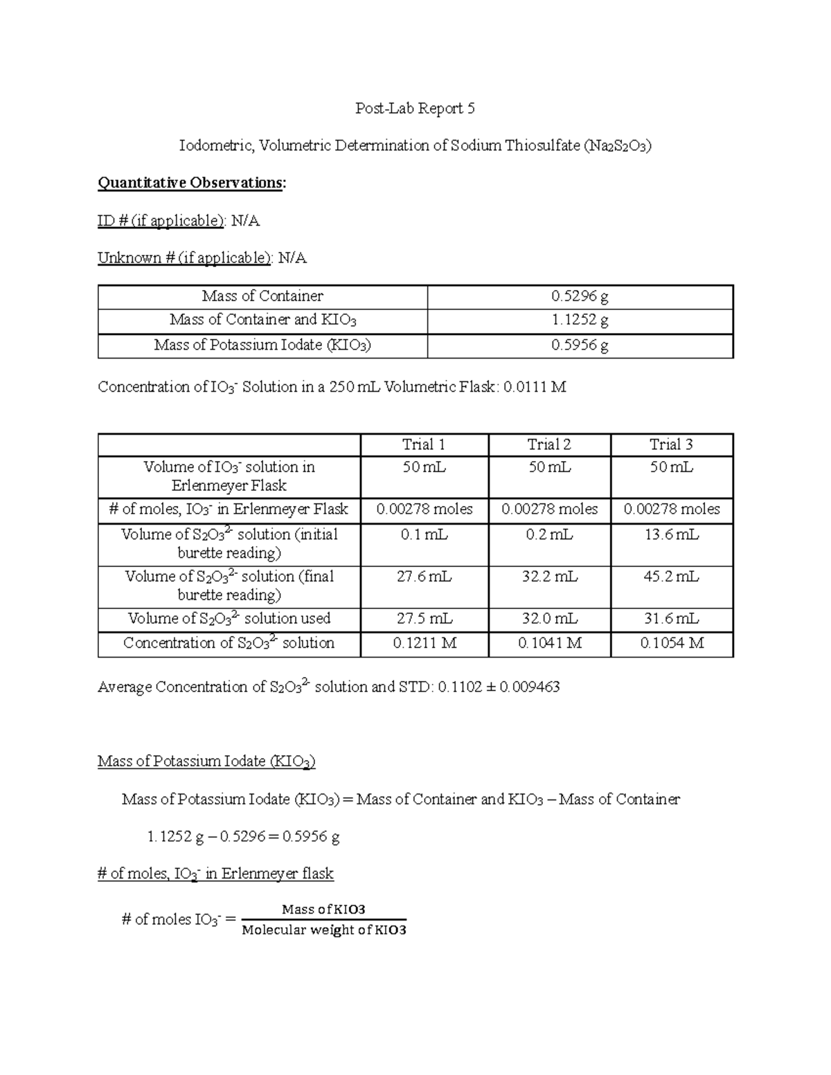 Post-Lab Report 5 - 1211 M 0. 1041 M 0. 1054 M Average Concentration of ...