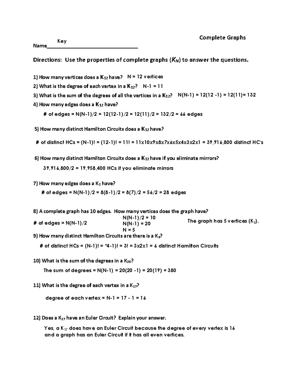 Complete Graphs worksheet Study Guide - Complete Graphs Name