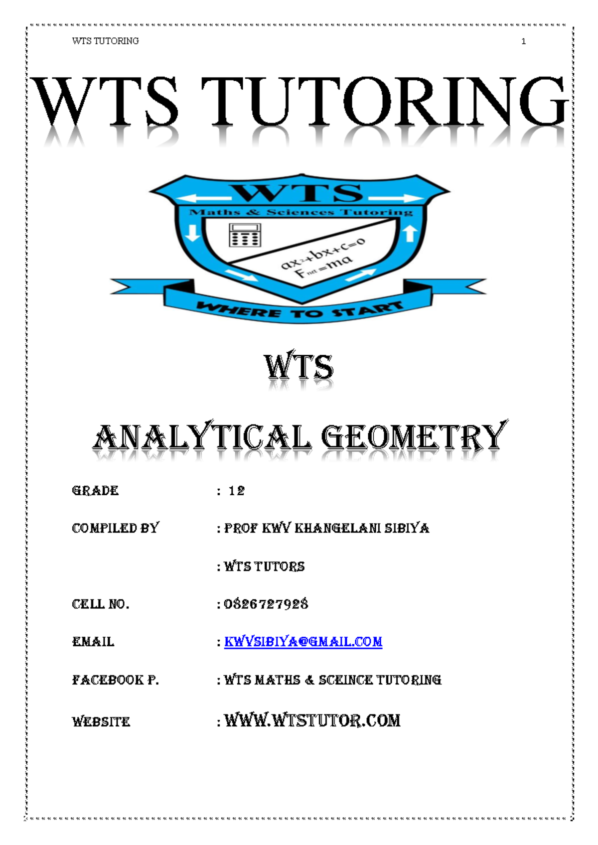 WTS Grade 12 TERM 2 CAMP - Very helpful - WTS ANALYTICAL GEOMETRY GRADE ...