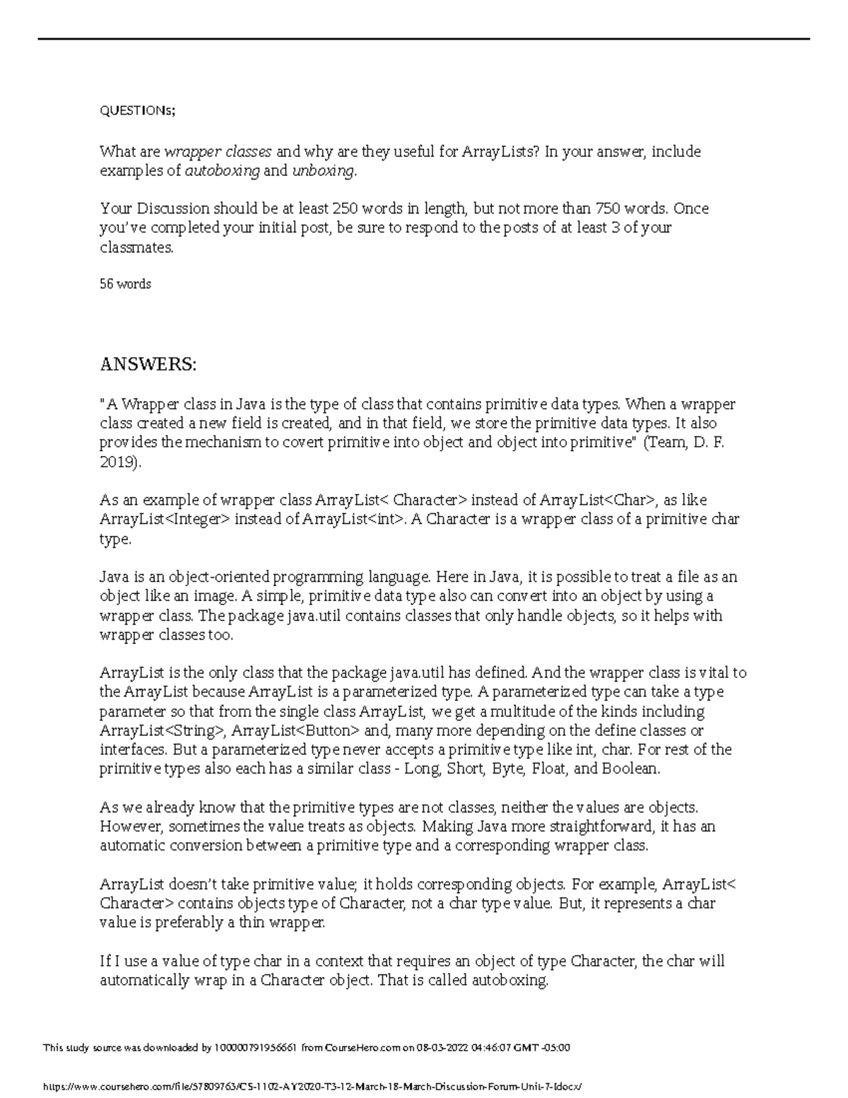 CS 1102 AY2020 T3 12 March 18 March Discussion Forum Unit 7 I - QUESTIONs; What are wrapper ...