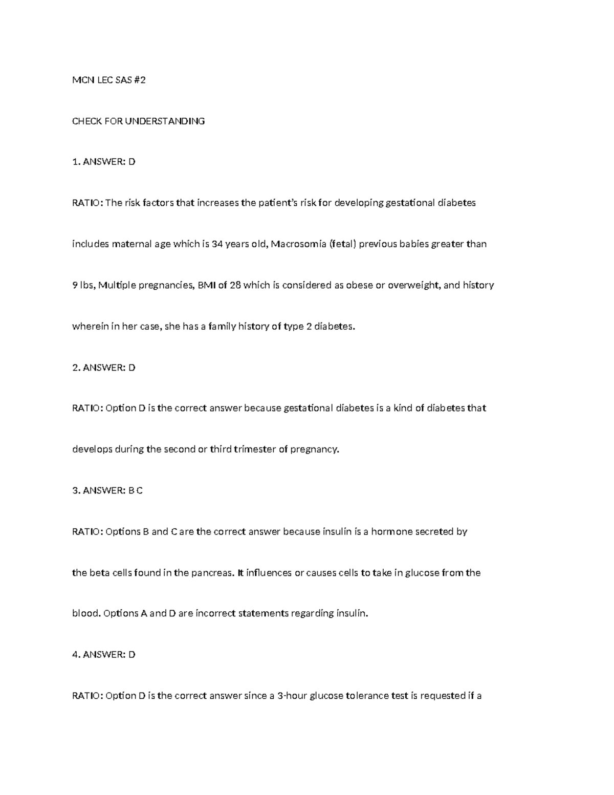 MCN LEC SAS #2-WPS Office - MCN LEC SAS CHECK FOR UNDERSTANDING 1. ANSWER: D RATIO: The risk ...