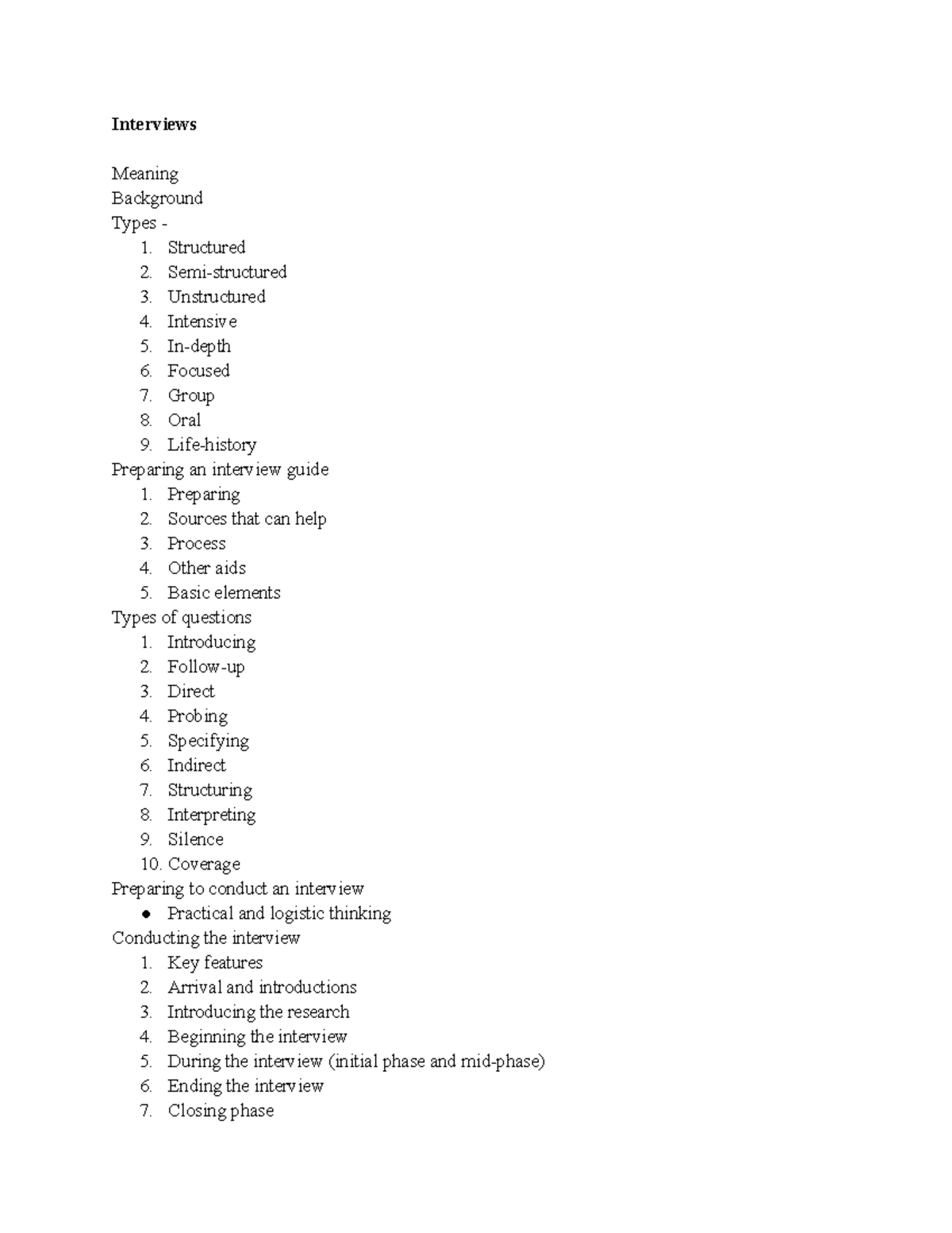 Qual - Qual notes - Interviews Meaning Background Types - 1. Structured ...