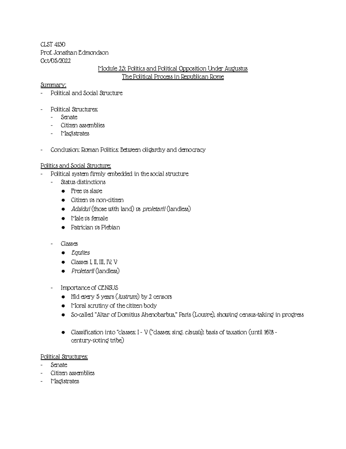 CLST 4130 Lecture 5 - Fall/Winter 2022-2023 Professor Jonathan ...