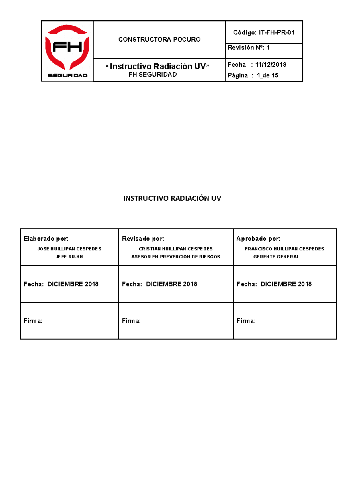 Instructivo Radiación UV IT-FH-PR-01 - CONSTRUCTORA POCURO Revisión Nº: 1 “ Instructivo ...