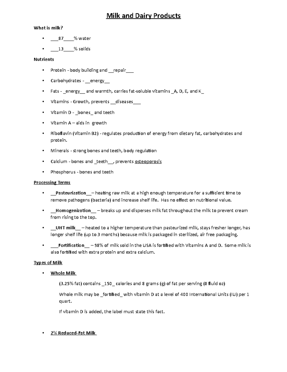Milk and Dairy Products notes - Milk and Dairy Products What is milk ...
