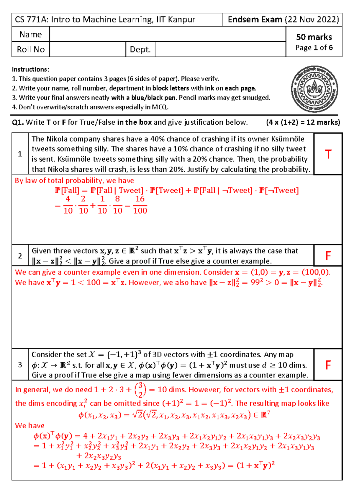 2022-23-I ES-key - adscasc - CS 771A: Intro to Machine Learning, IIT Kanpur Endsem Exam ( 22 Nov ...