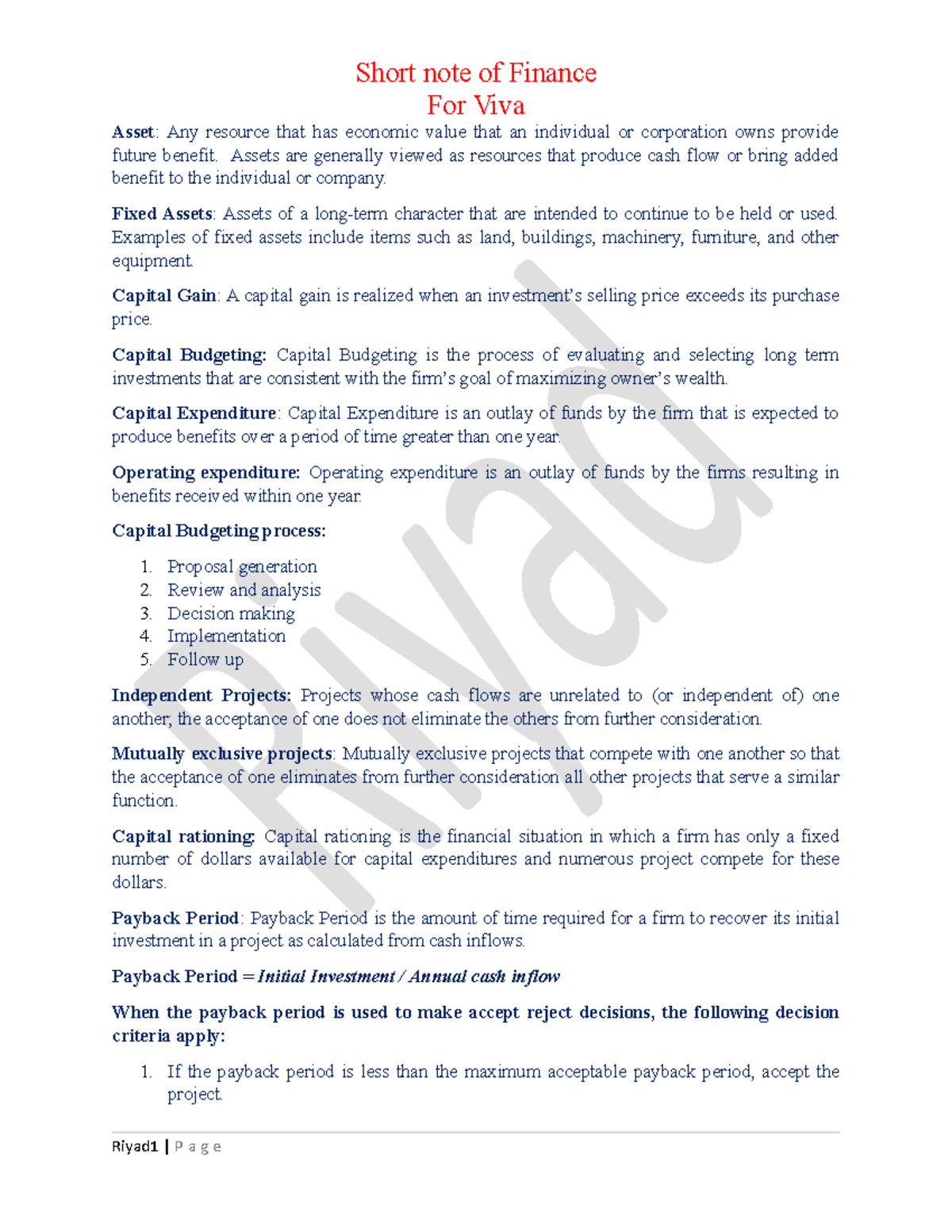 Finance - Lecture notes all chapter - Short note of Finance For Viva ...