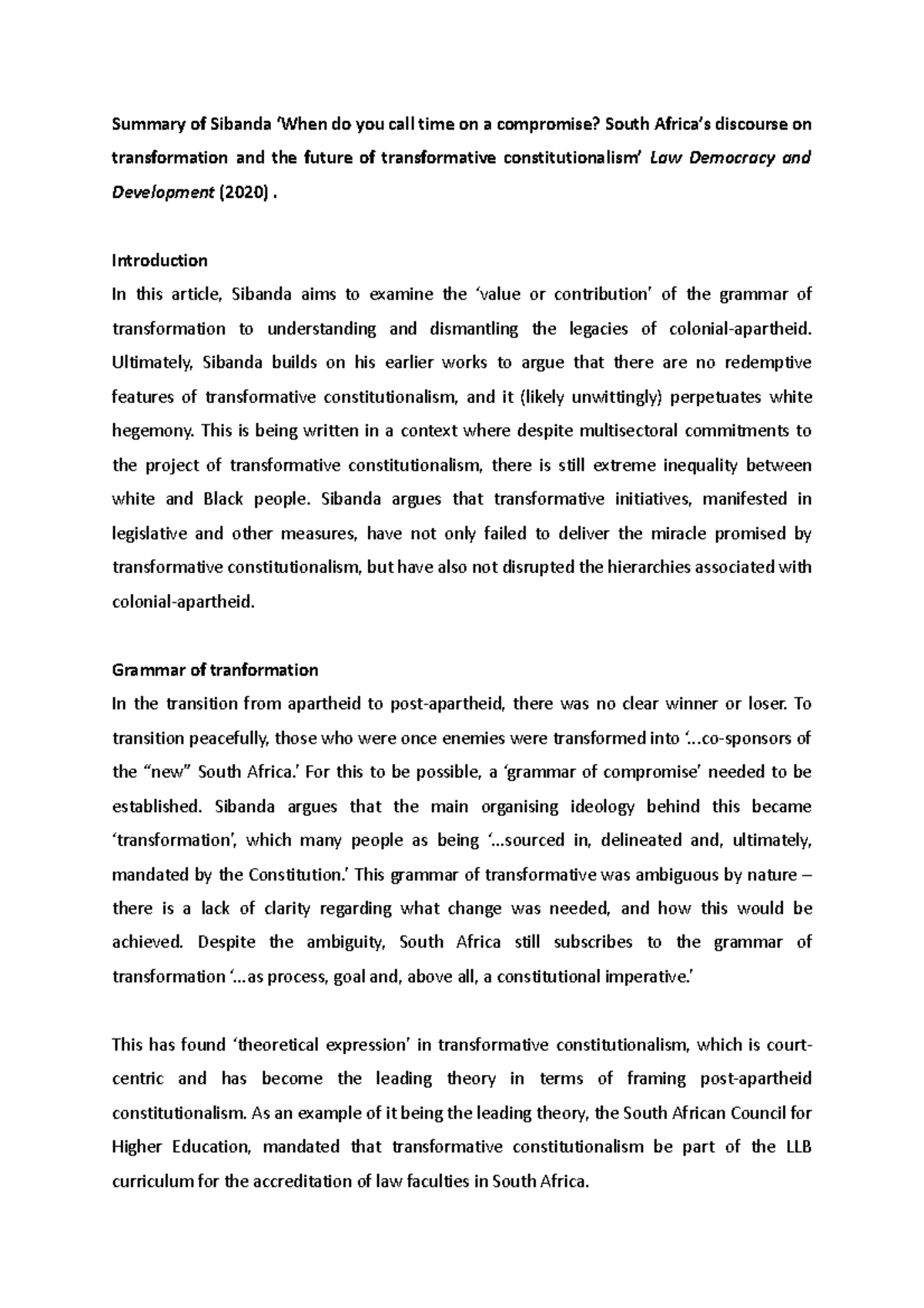 Summary of Sibanda (2020) - Summary of Sibanda ‘When do you call time ...