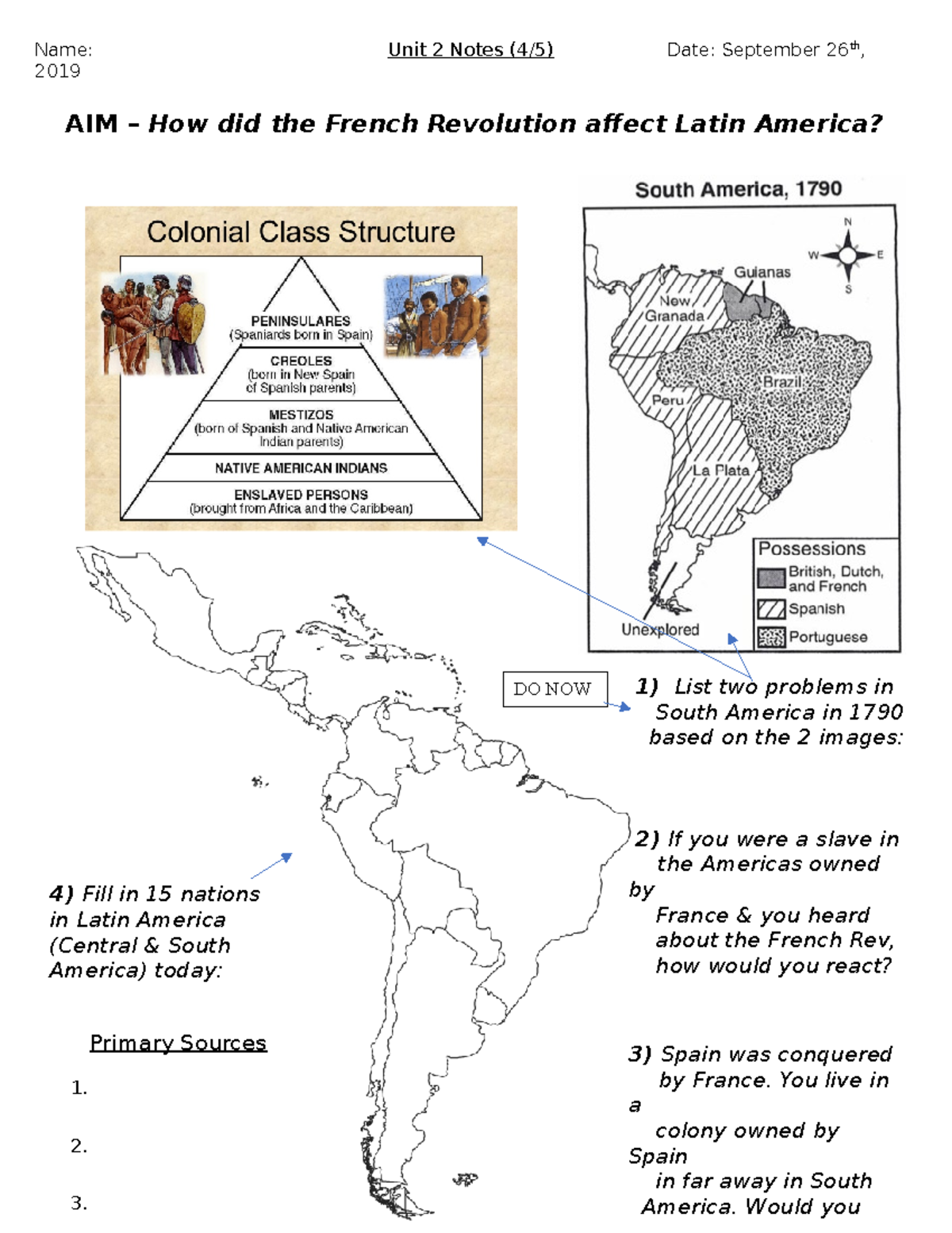 Global Worksheet Unit 02French Latin American Revs 10th Grade 45-1 ...