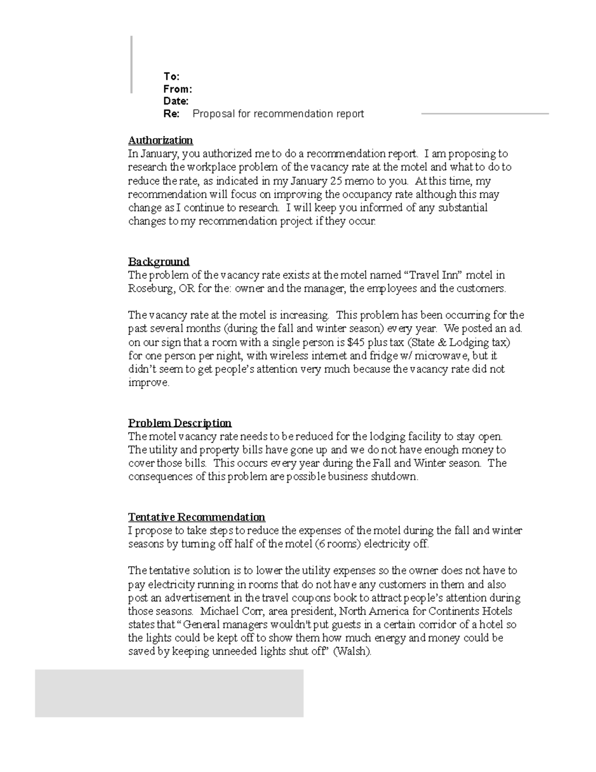 ENG 327 Proposal memo sample - To: From: Date: Re: Proposal for ...