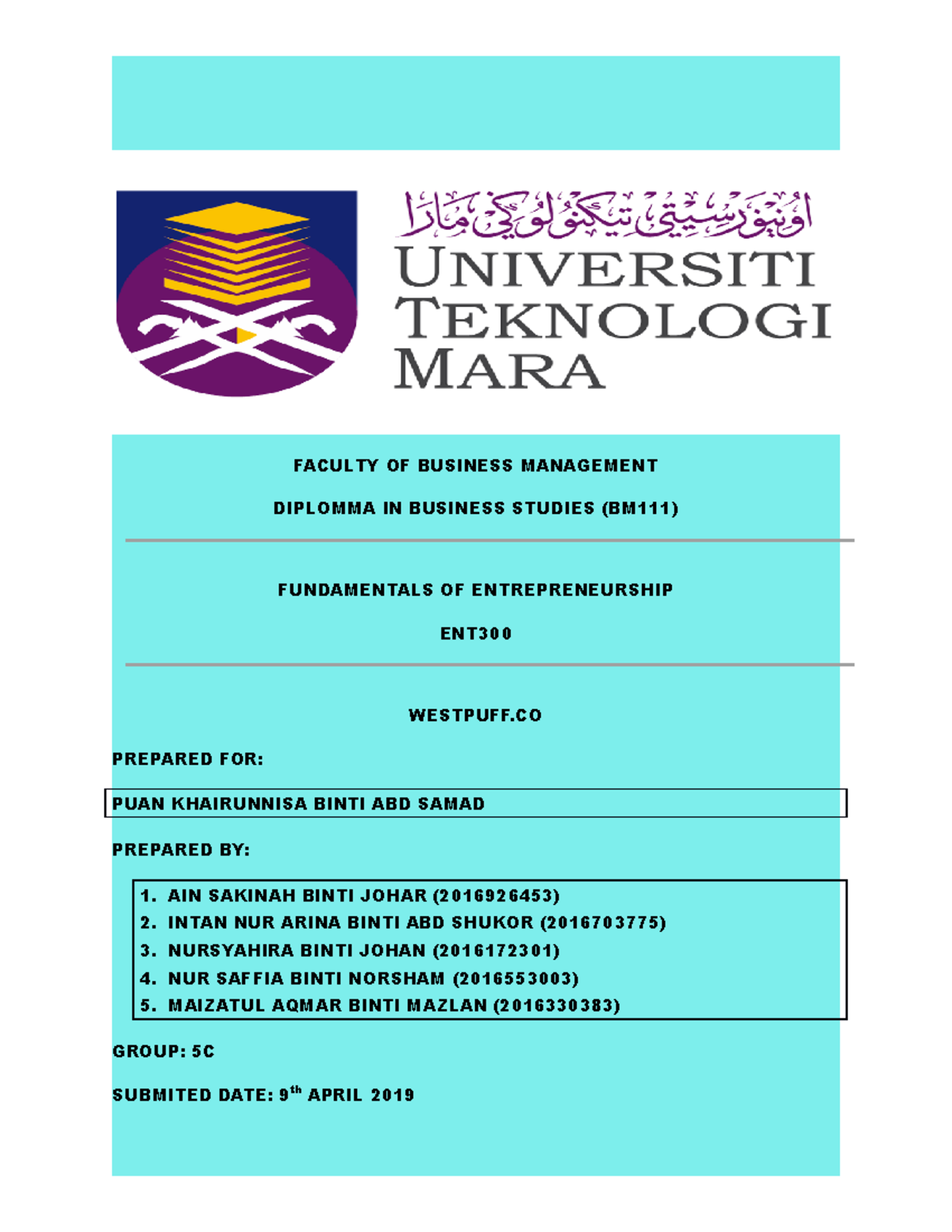 Entrepreneurship (ENT3000 - FACULTY OF BUSINESS MANAGEMENT DIPLOMMA IN ...