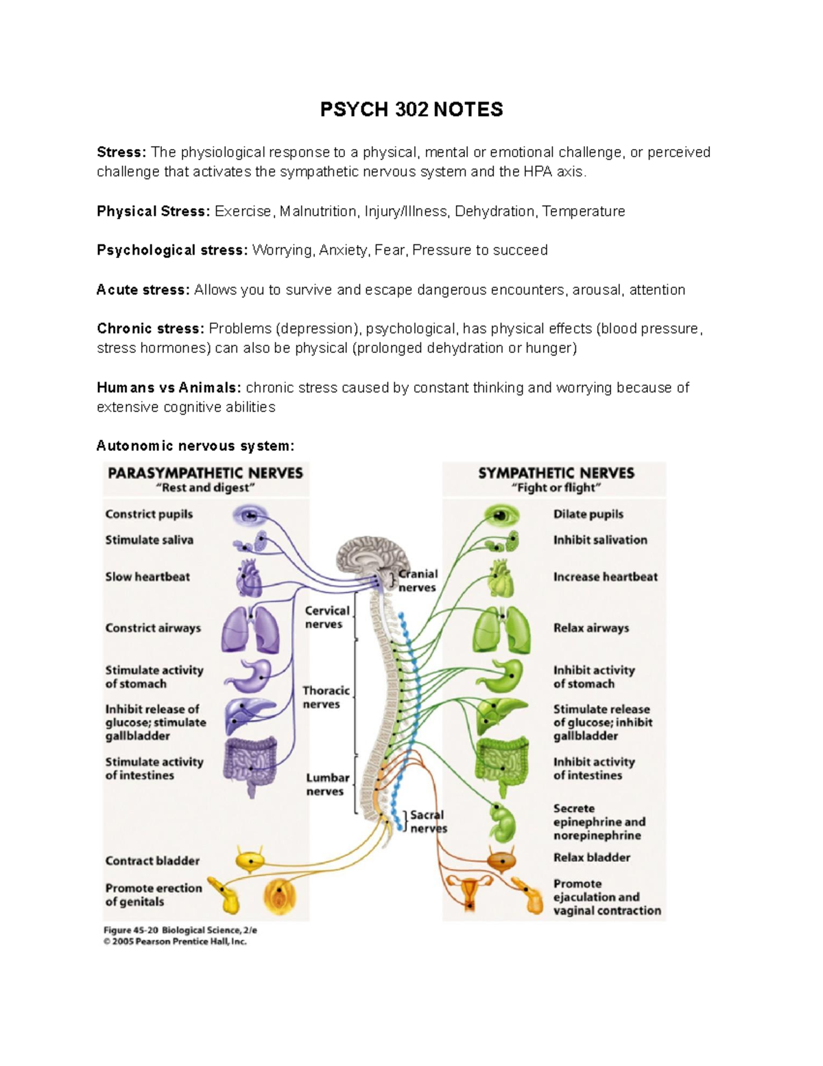 Psych 302 Notes - PSYCH 302 NOTES Stress: The physiological response to ...