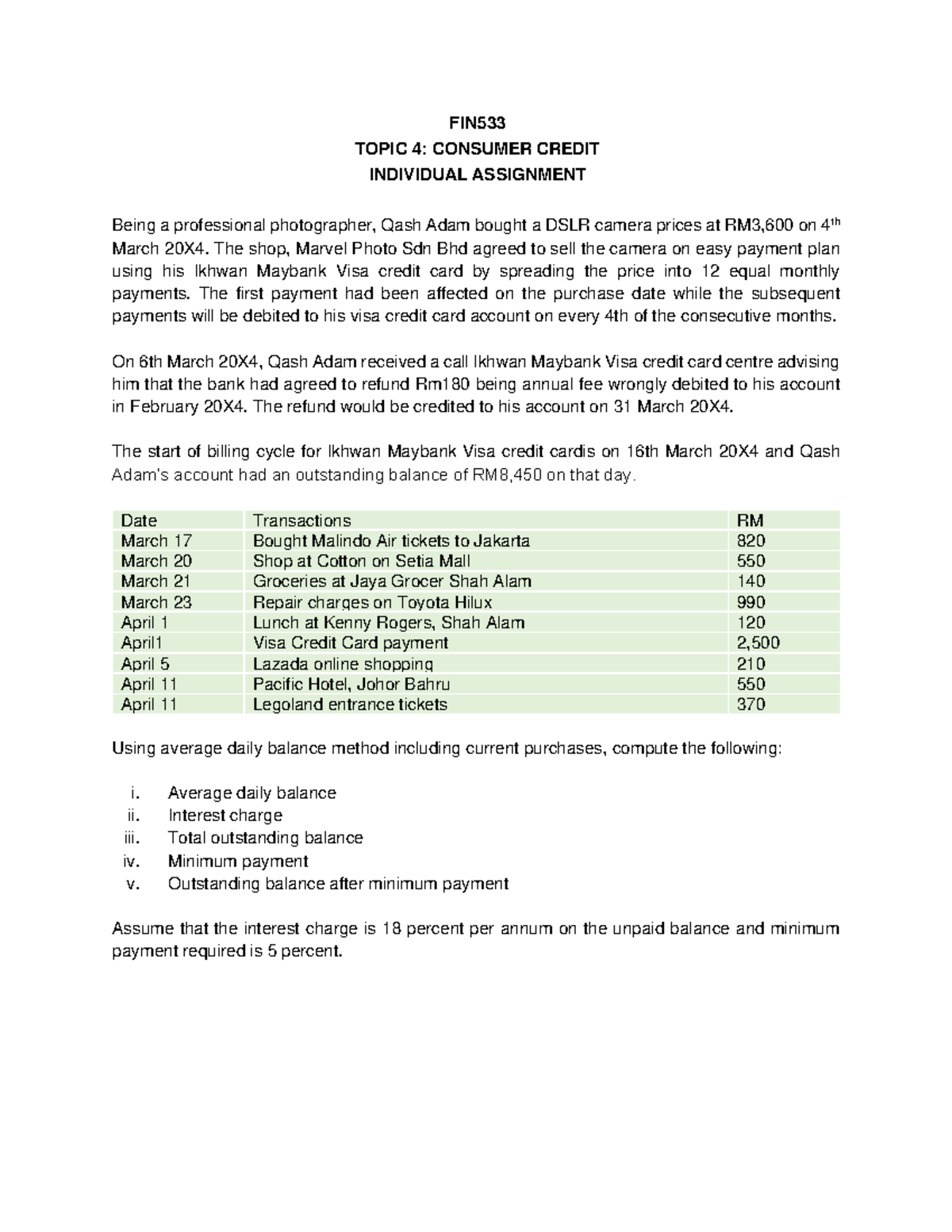Individual Assignment 1 - FIN TOPIC 4: CONSUMER CREDIT INDIVIDUAL ...