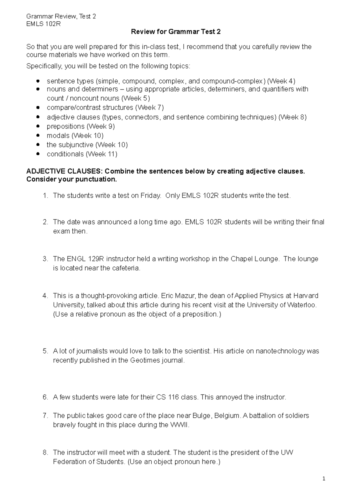 2 Grammar Test 2 Review - Sample Grammer Test 2 - EMLS 102R Review for ...