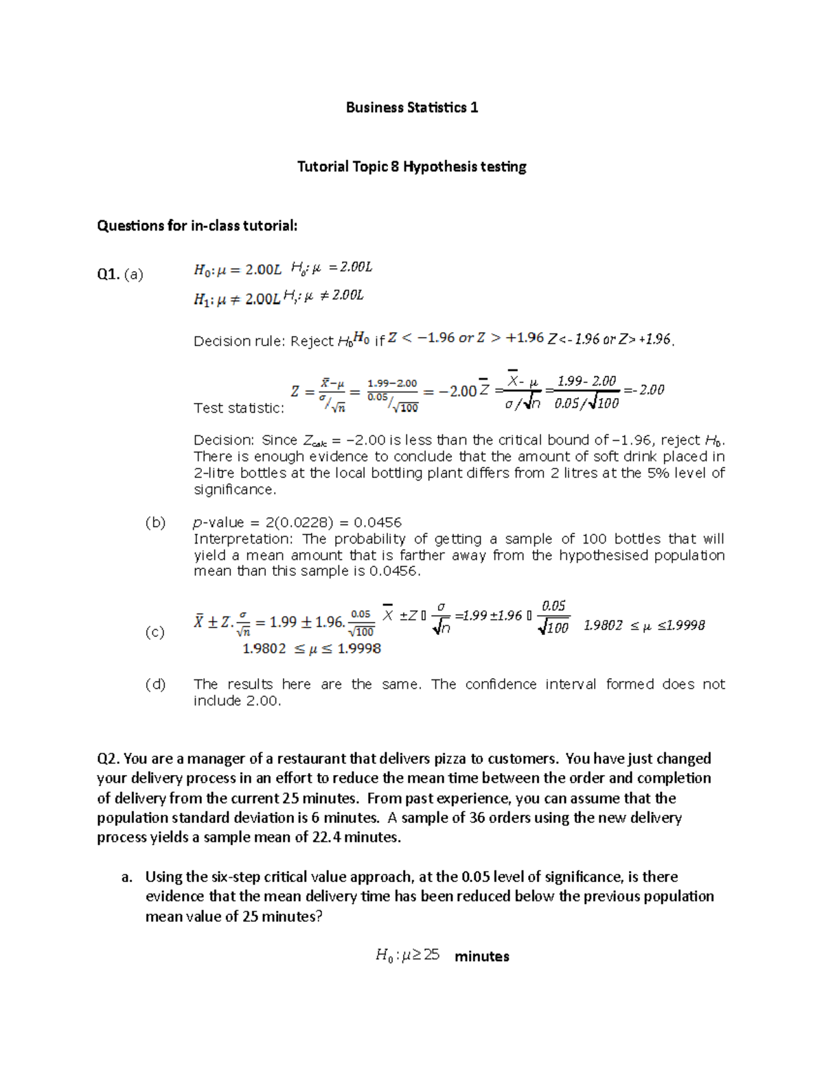 Answers topic 8 hyptest - Business Statistics 1 Tutorial Topic 8 ...