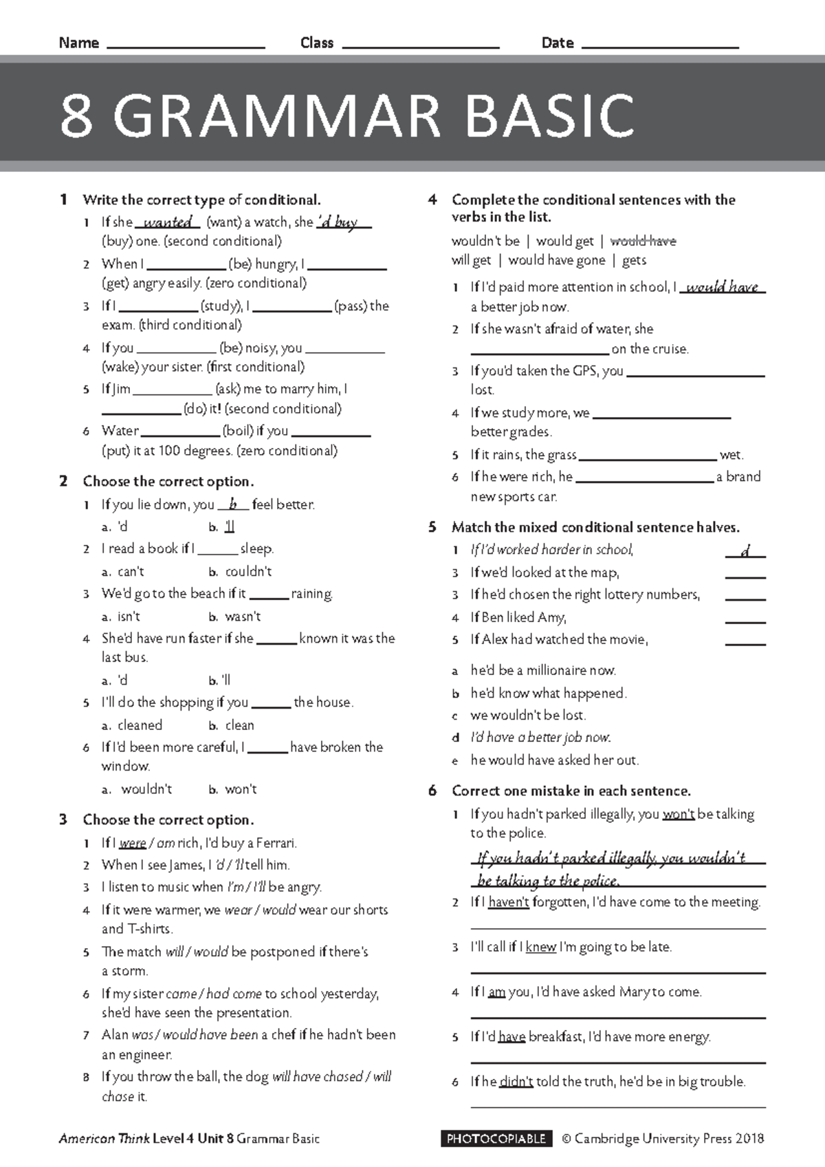 UNIT 8 SEC 3 Grammar Review Students - 1 te t e co ect ty e of co t o a ...