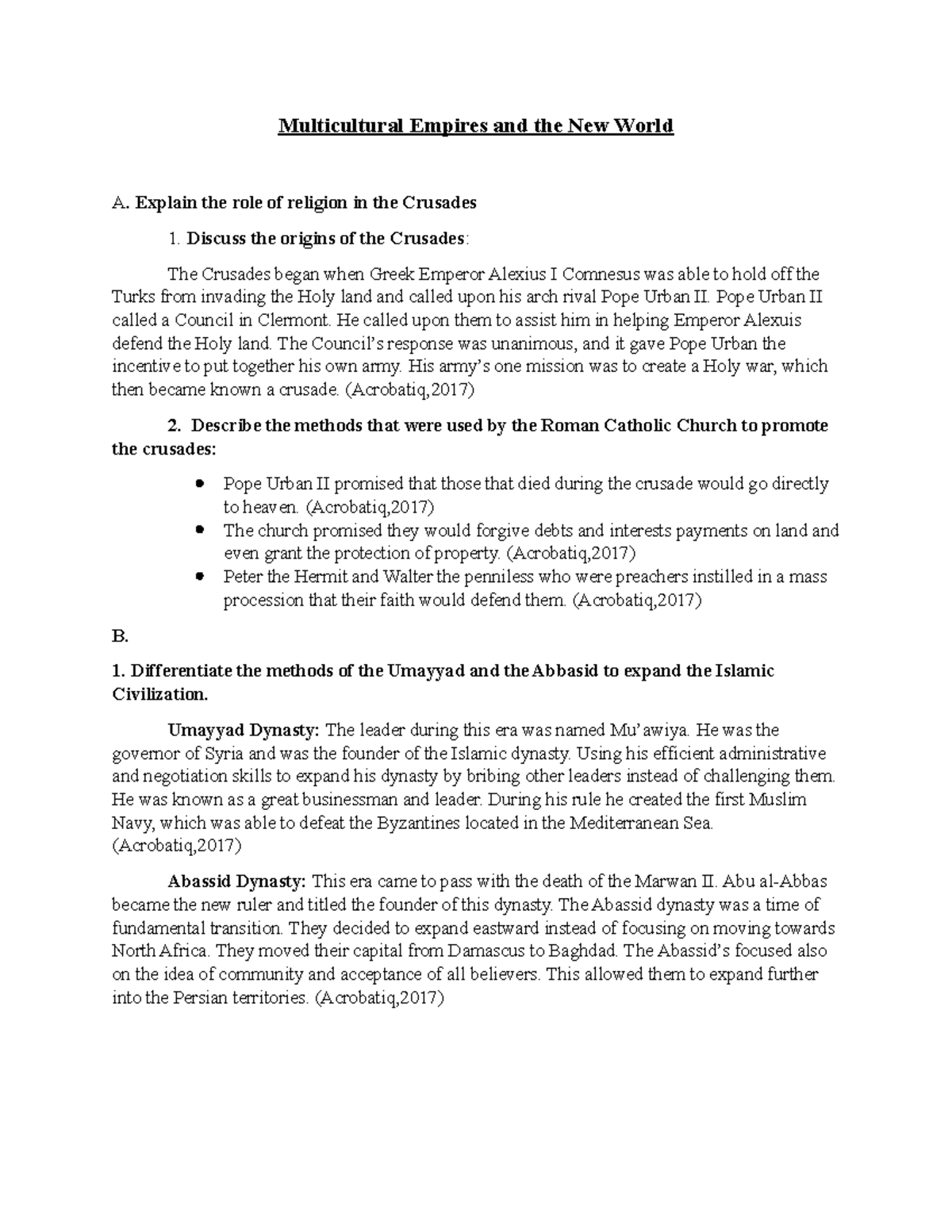 Multicultural Empires and the New World Final - Explain the role of ...