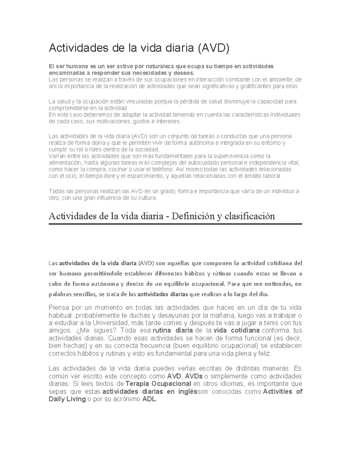 Actividades de la vida diaria - Las personas se realizan a través de ...