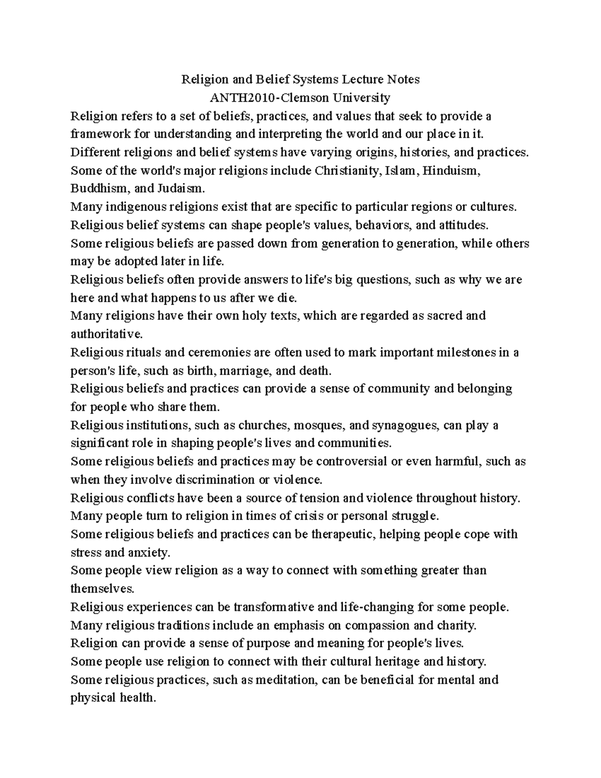 Religion and Belief Systems Lecture Notes - Religion and Belief Systems ...