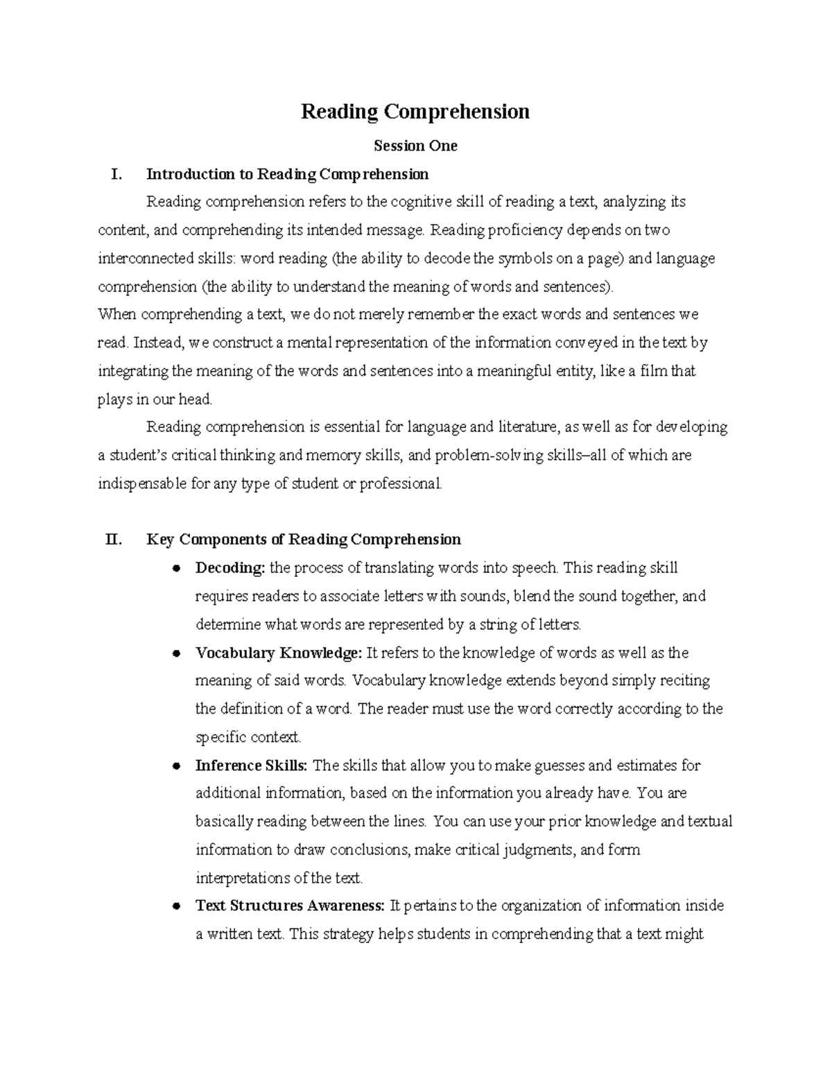 Reading Comprehension - Reading Comprehension Session One I ...