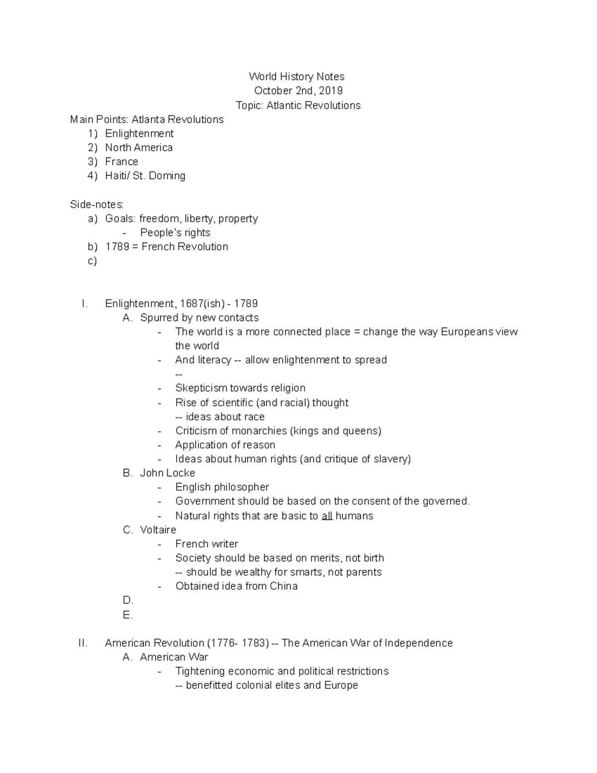 World History Notes 10 2 19 - World History Notes October 2nd, 2019 ...
