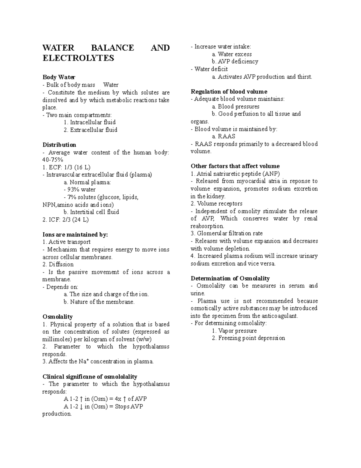 Water Balance AND Electrolytes - WATER BALANCE AND ELECTROLYTES Body ...
