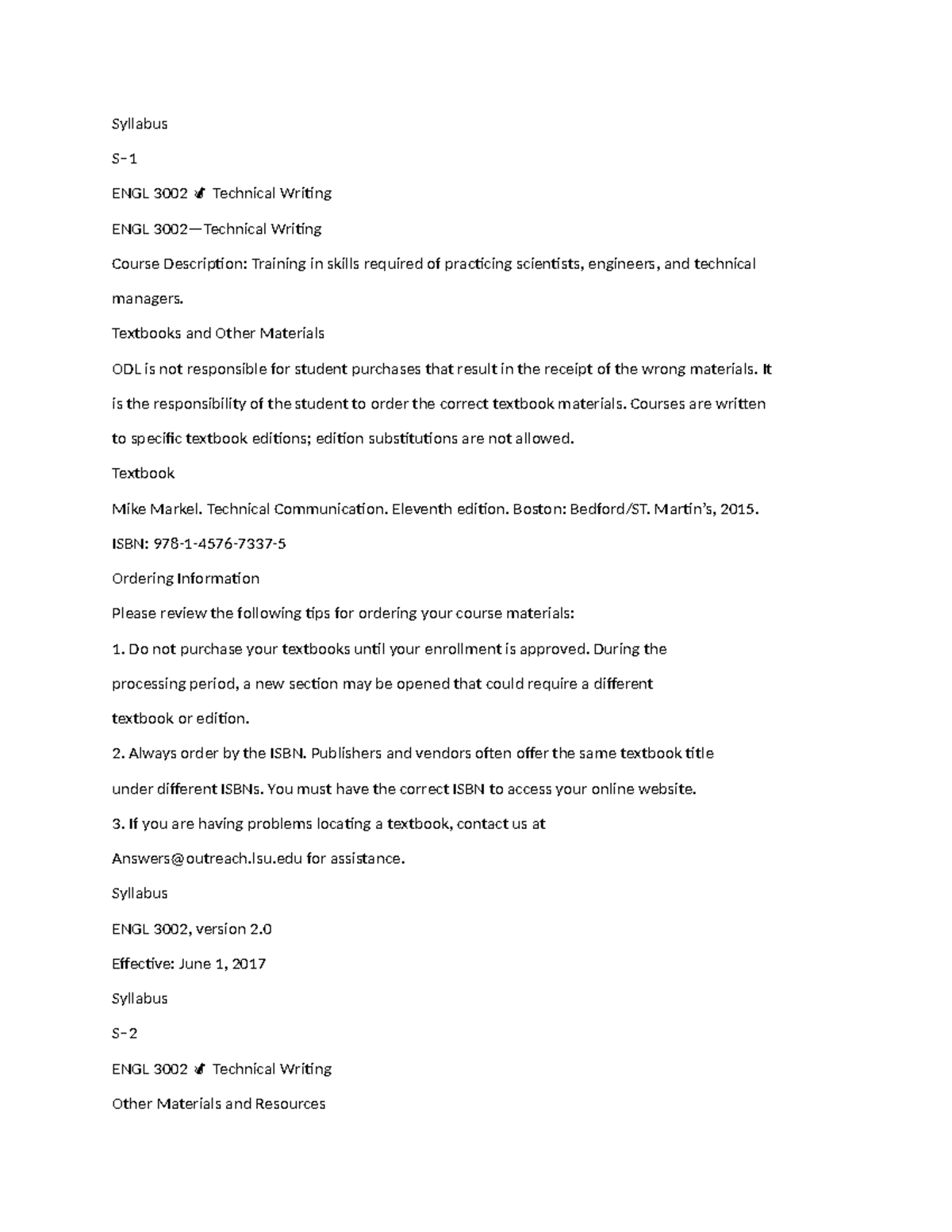Syllabus. draft muna - Syllabus S– ENGL 3002 Technical Writing ENGL ...