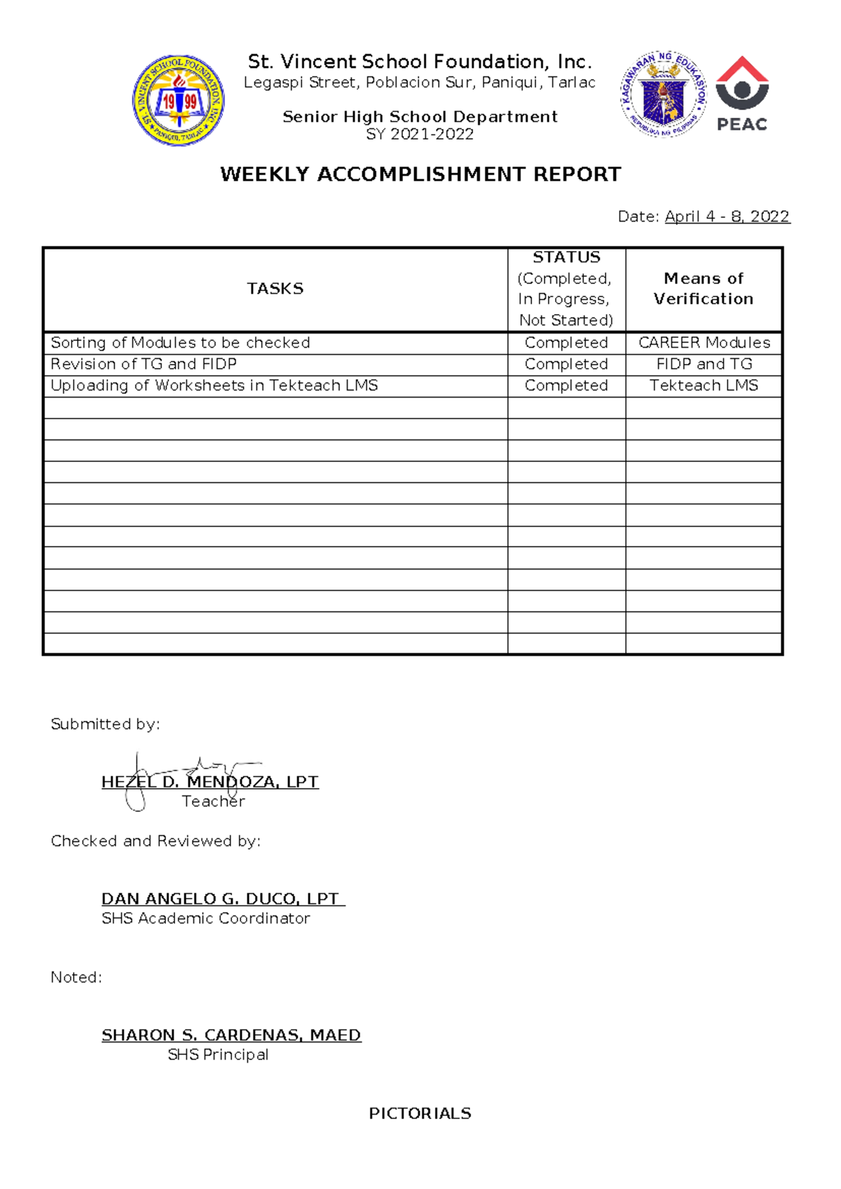 April 4-8 - Sample accomplishment report. - St. Vincent School ...