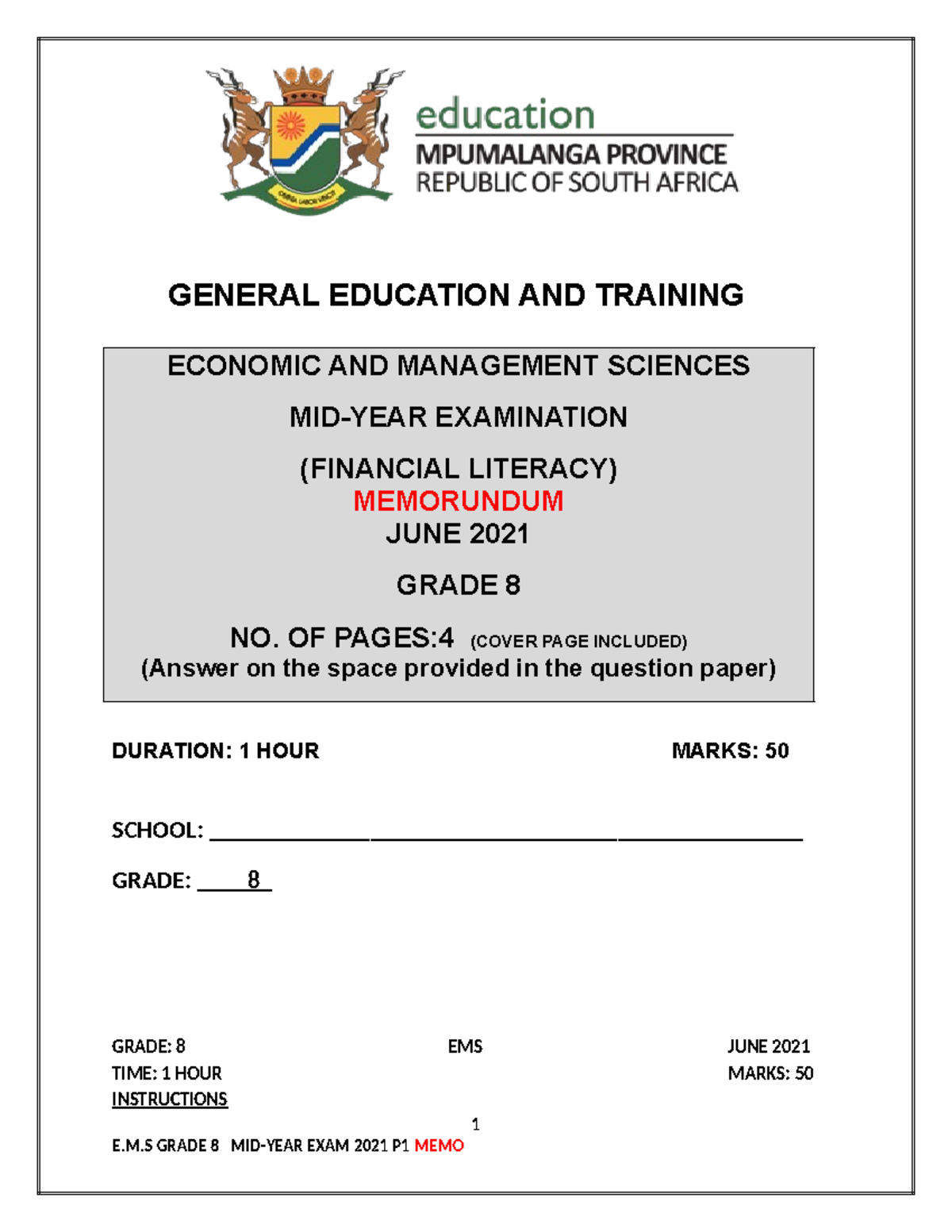 EMS Grade 8 P1 Memo - GENERAL EDUCATION AND TRAINING ECONOMIC AND ...