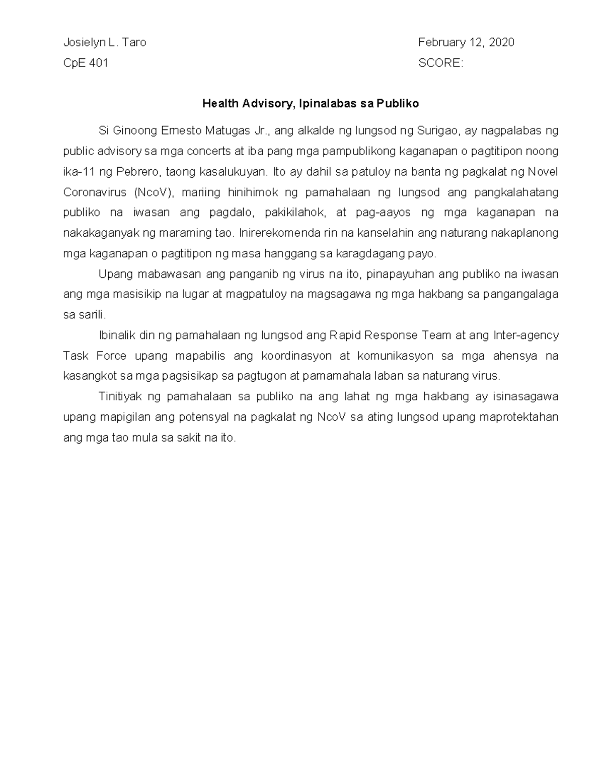 Balita Filipino - Josielyn L. Taro February 12, 2020 CpE 401 SCORE ...
