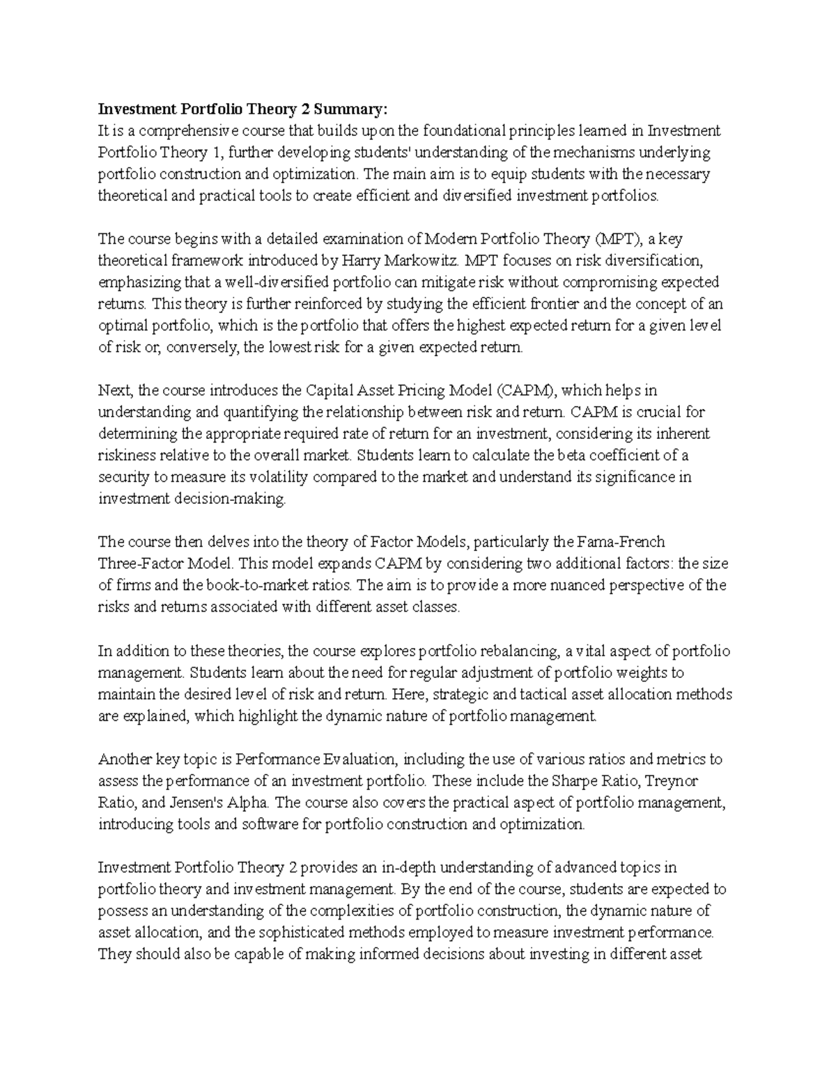 IPT2 Summary in prep for the course - Investment Portfolio Theory 2 ...