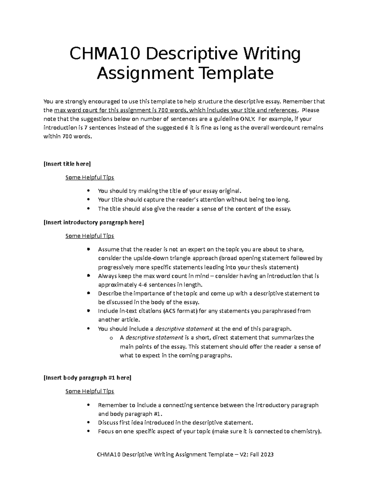 Descriptive essay template - CHMA10 Descriptive Writing Assignment ...