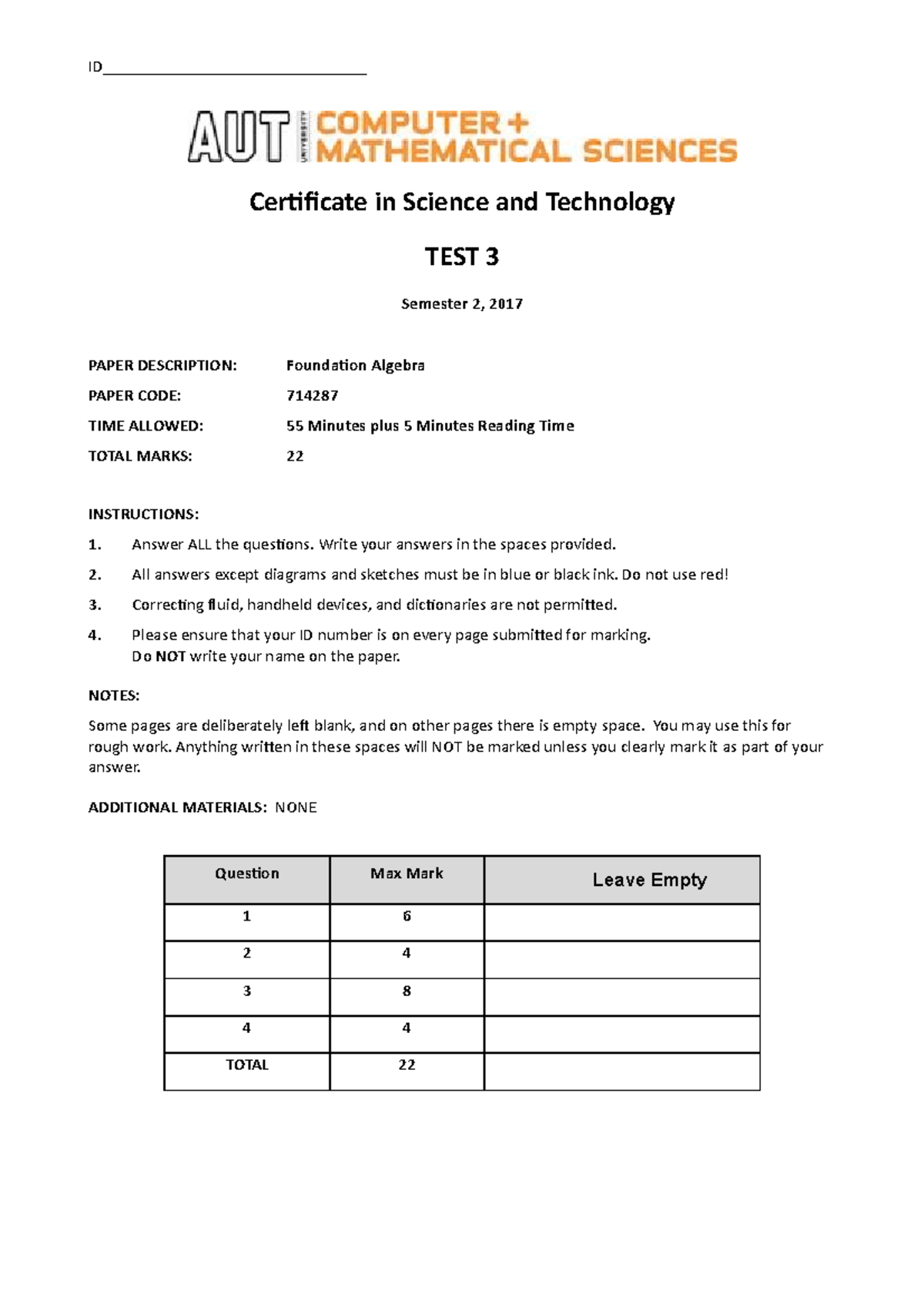 Test 3 2017 s2, questions and answers - ID ...