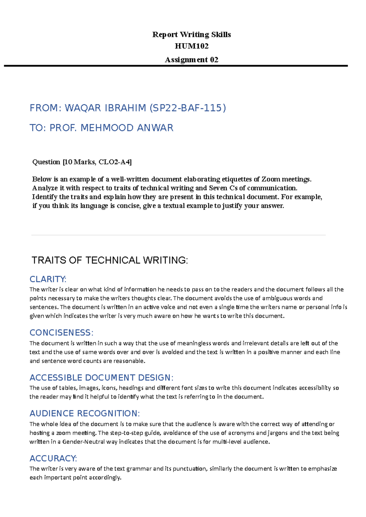 FA22 HUM102 A2 - Saalamalaikum - Report Writing Skills HUM Assignment ...