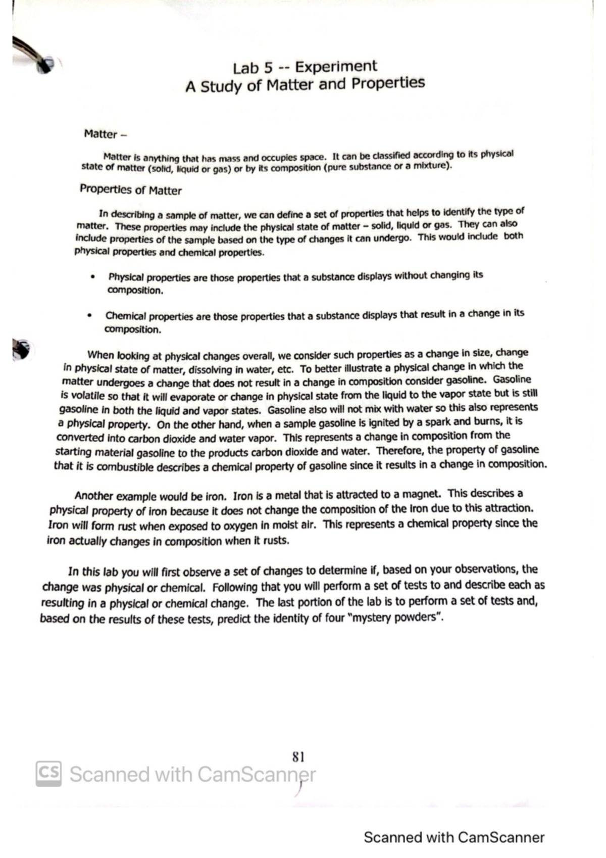 Lab#5 Experiment A study of matter and properties - CHEM 1010 - Studocu