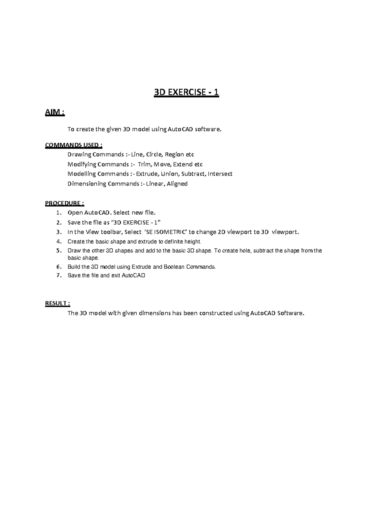 3D Exercise procedure - D5ftfgyv - 3D EXERCISE - 1 AIM : To create the ...