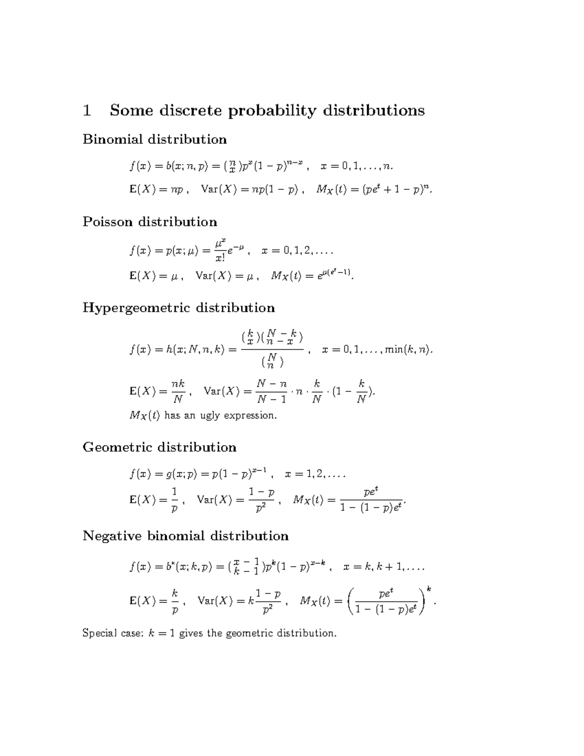 Formulastables - formelark - 1 Some discrete probability distributions ...