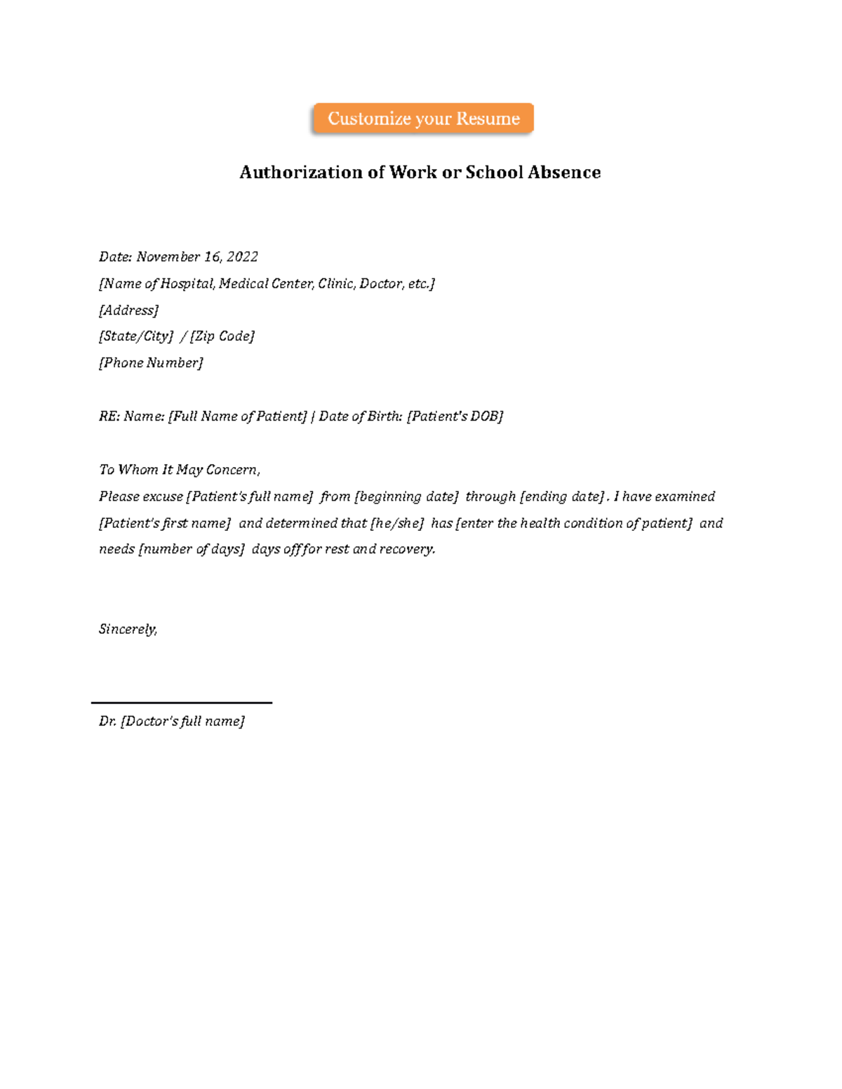 Sample Doctors Note Work School - Authorization of Work or School ...