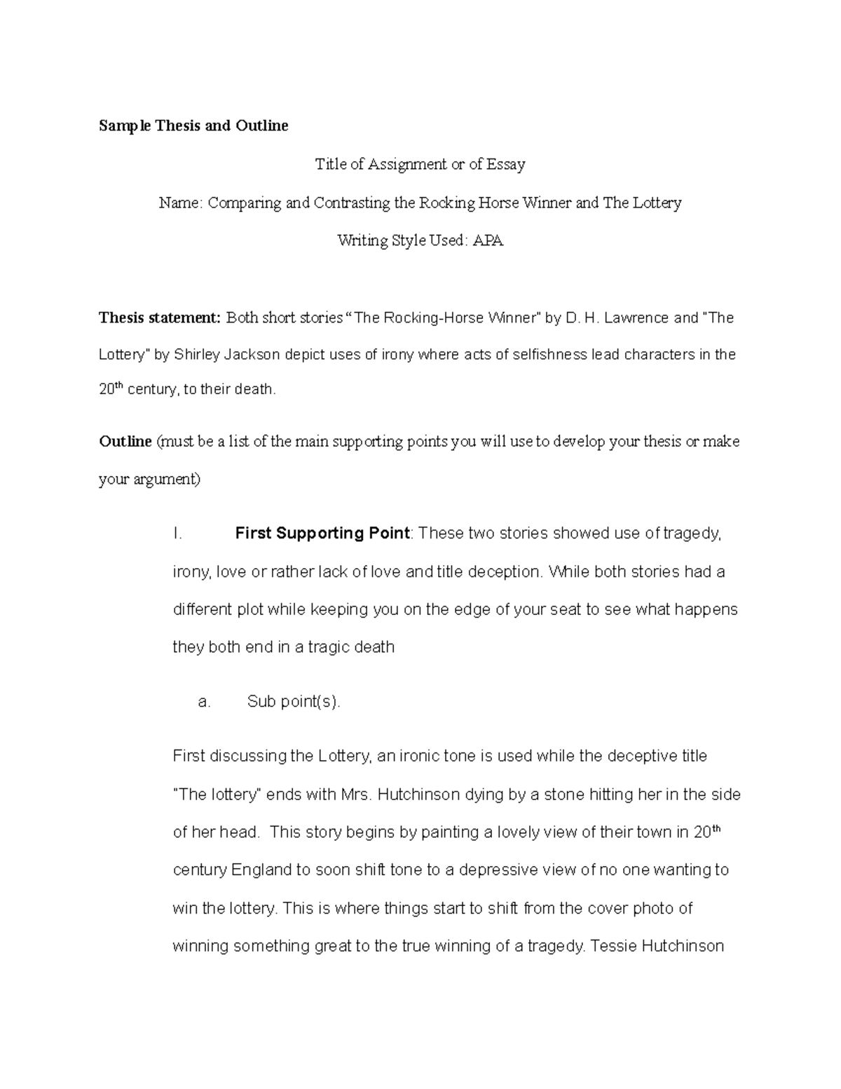 Fiction Story Outline - Sample Thesis and Outline Title of Assignment ...