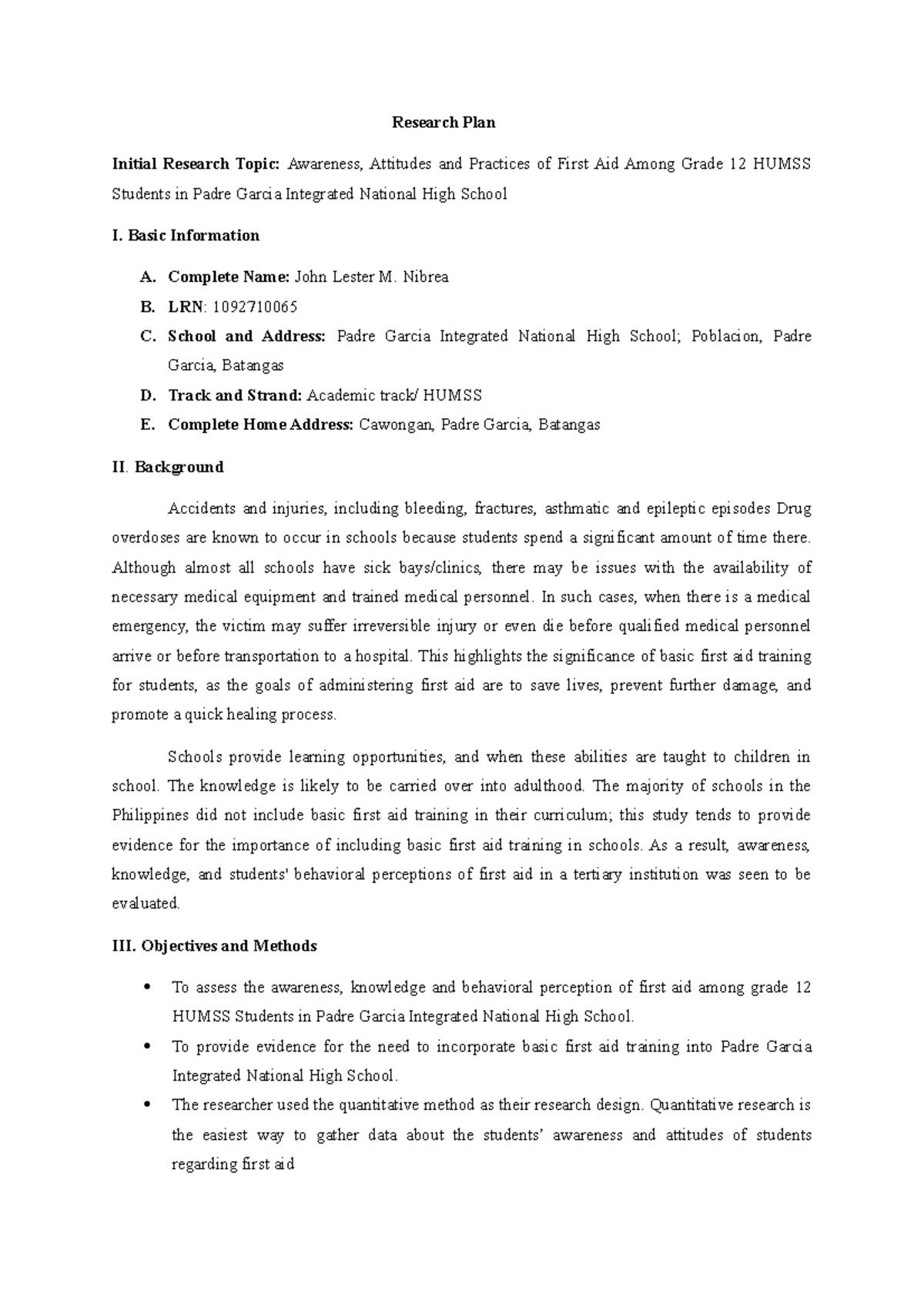 Research Plan1 - Research Plan Initial Research Topic: Awareness ...