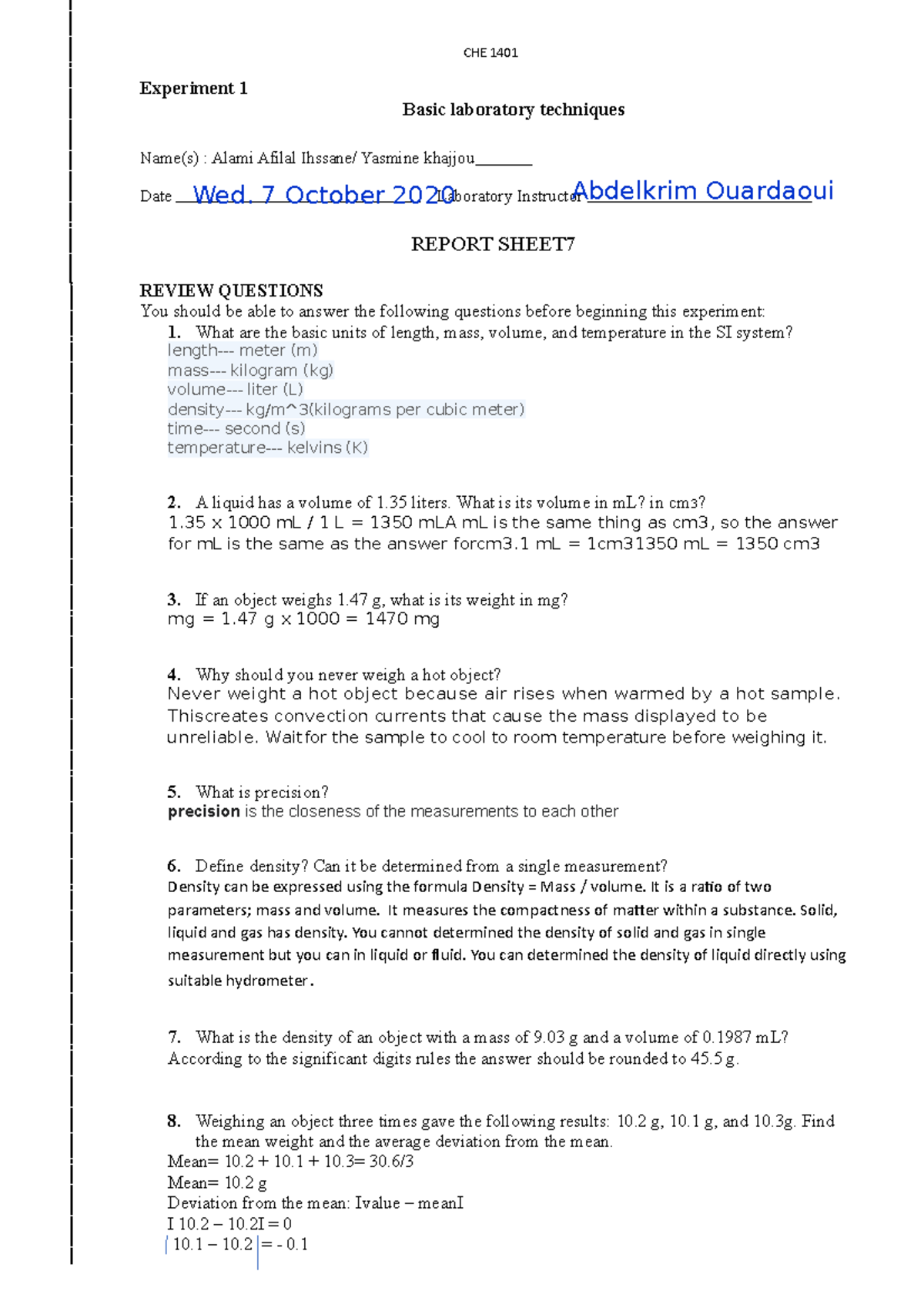 LAB 1 - lab report 1 - CHE 1401 Experiment 1 Basic laboratory ...