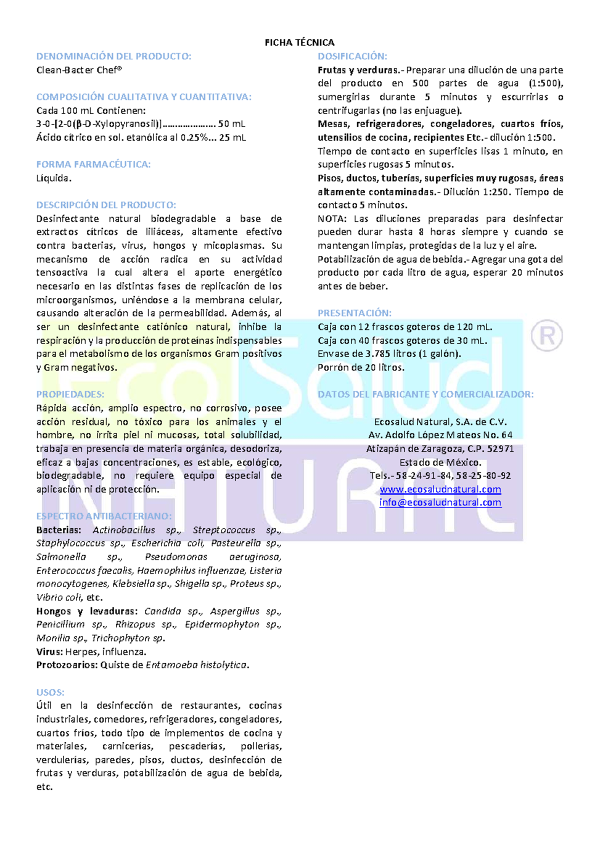 Ficha técnica Clean bacter chef - FICHA TÉCNICA DENOMINACIÓN DEL ...
