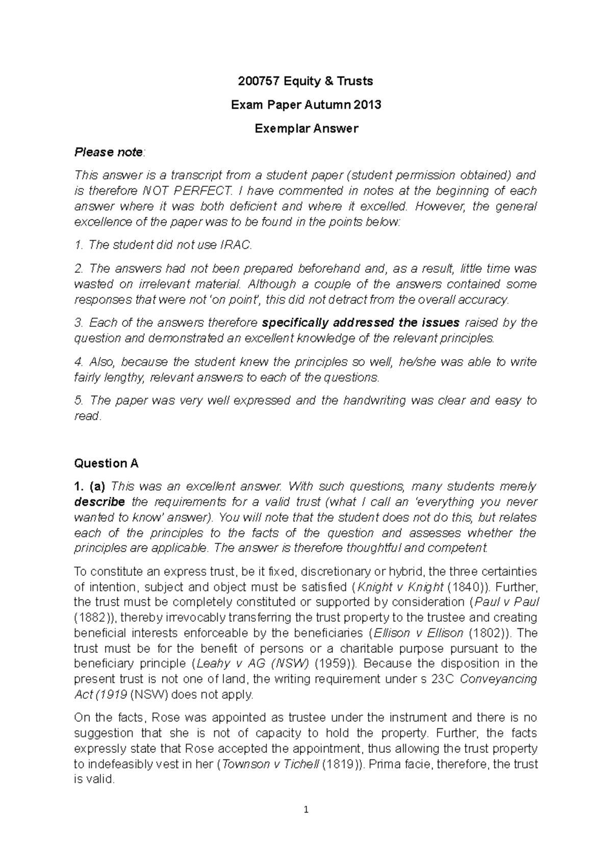 Sample/practice exam 1 February 2013, questions and answers - 200757 ...